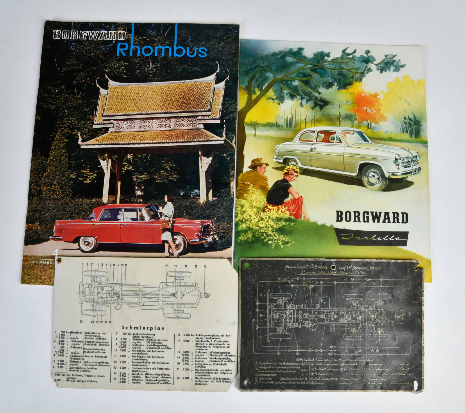 Borgward, Prospekt Isabella, Zeitschrift Rhombus, Schmierplan Auction