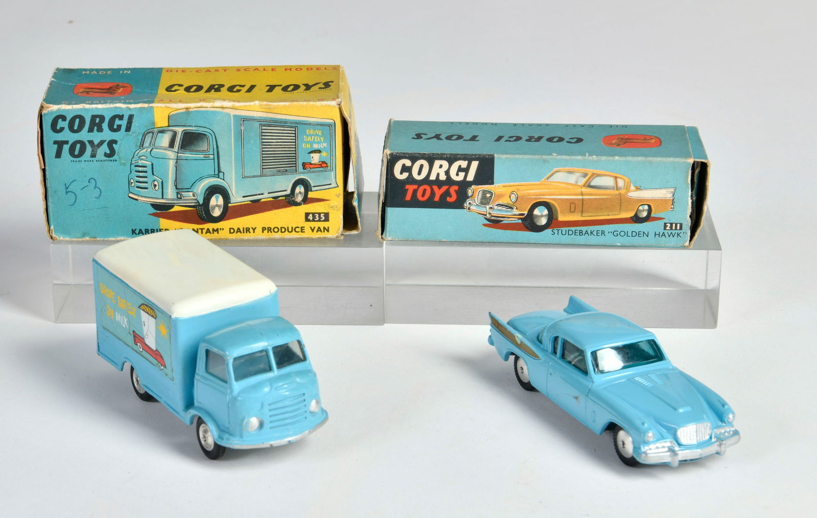 Corgi Toys, Karrier Bantam Dairy Produce Van 435 & Studebaker Golden ...