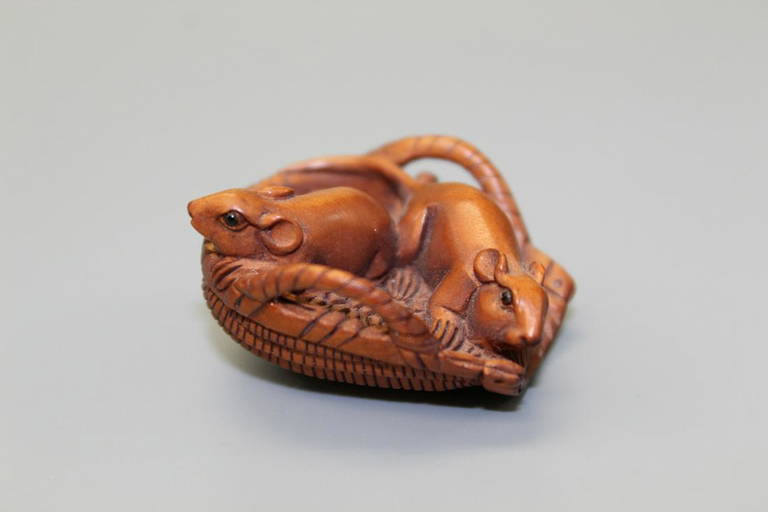 Two Rats, Japanese Wood Carving, Masakazu Mark.