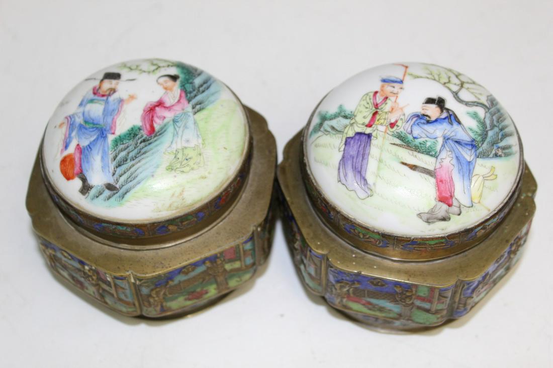 Two Chinese Enameled Metal Boxes With Porcelain Lids.