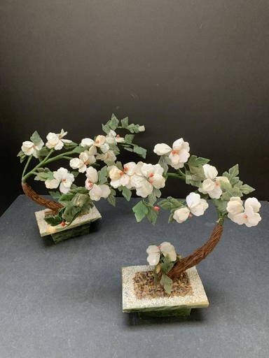 Pair Of Vintage Chinese Spinach Jade Trees As Is