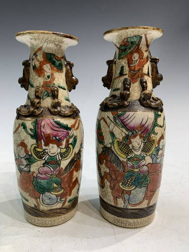 Pair Of Nanking Porcelain Vases With Warriors