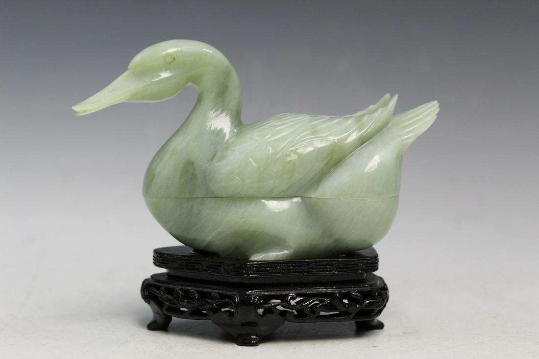 Chinese Carved Celadon Jade Duck Box