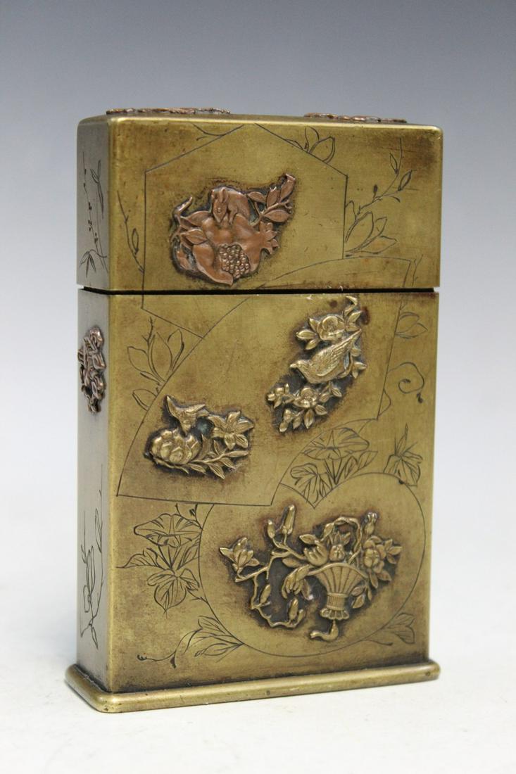 Japanese Brass Cigarette Box With Inlay Decorations