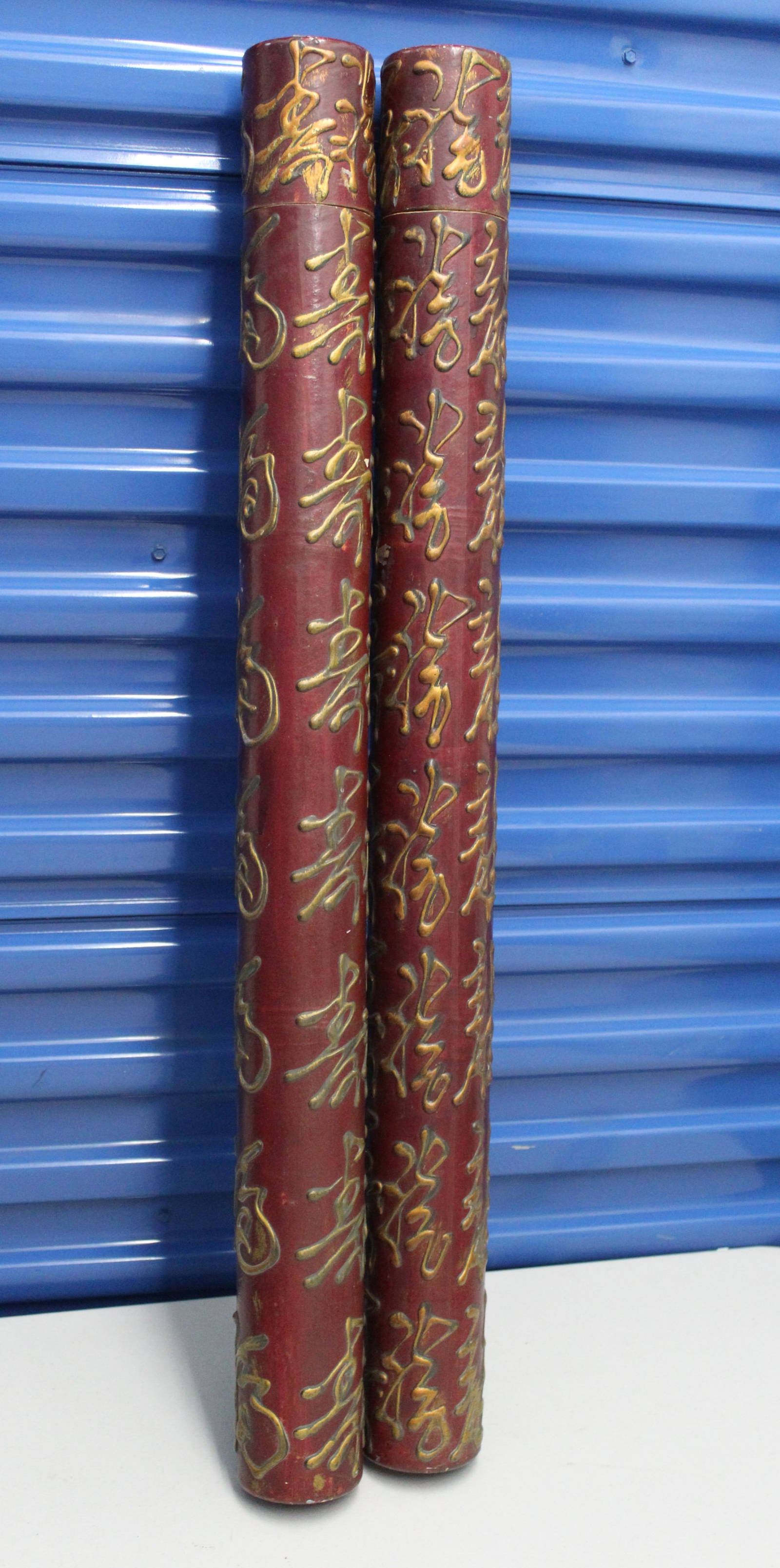 Pair Of Chinese Lacquered Scroll Tubes Auction