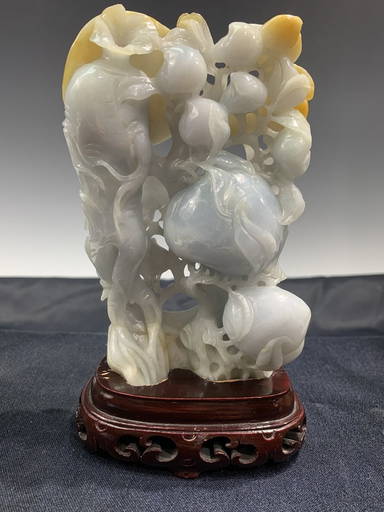 Chinese Jade Carved Peaches, Ginseng, And Coins With Stand