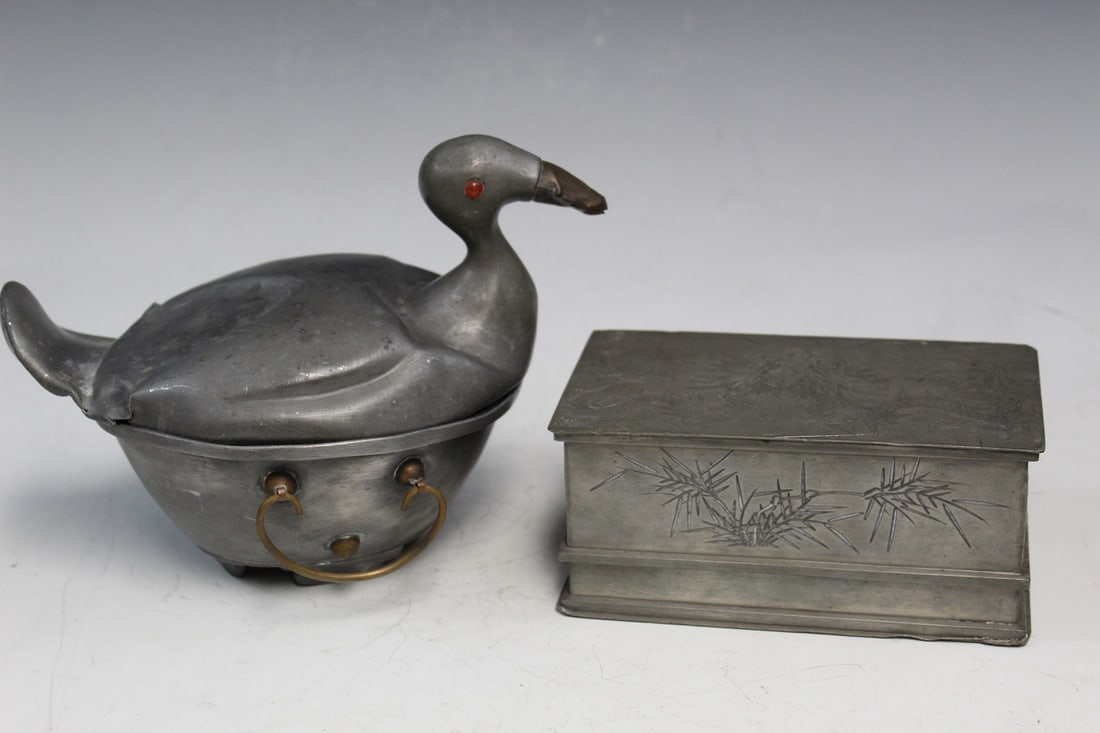 Two Antique Chinese Pewter Boxes Auction