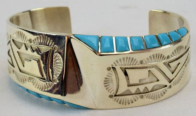 Leonard Jim Sterling Silver Stamped cuff w/Turquoise