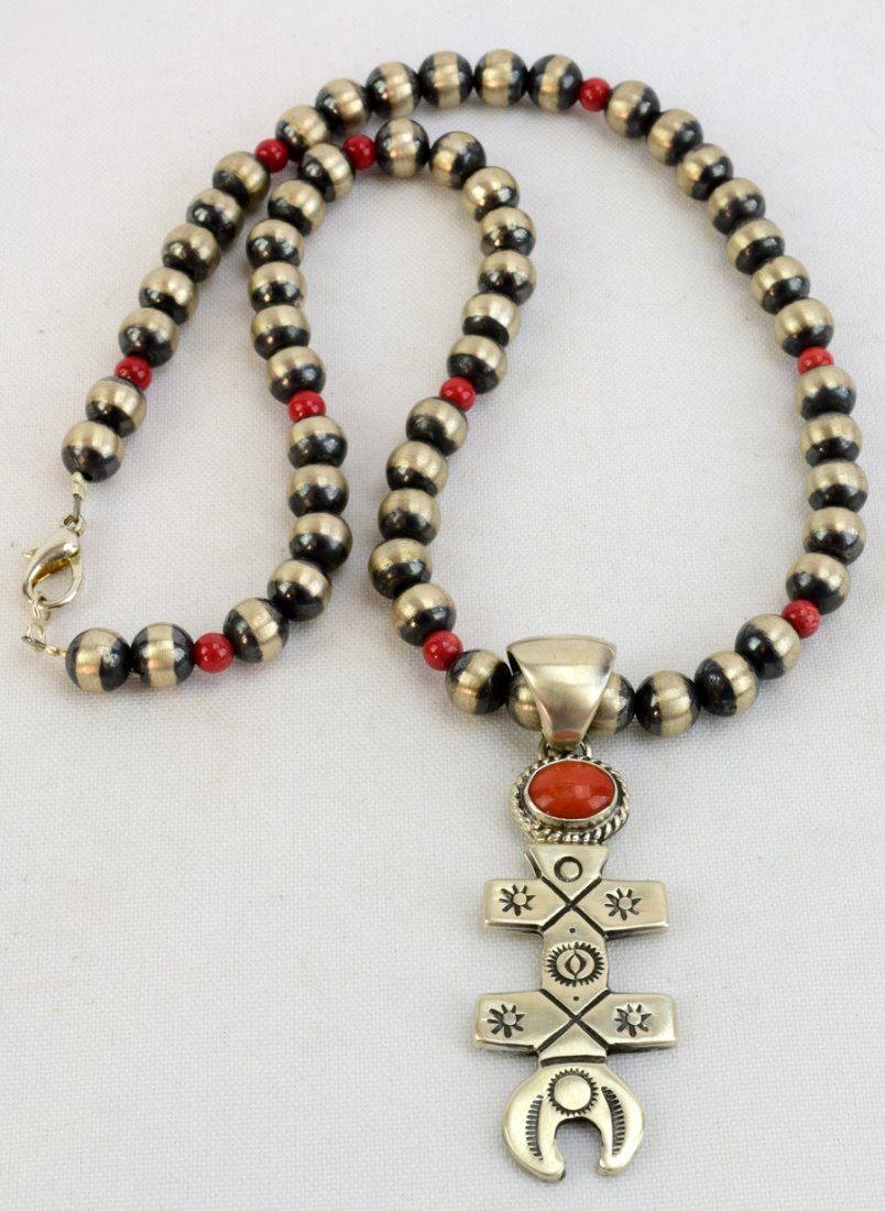 Bench Bead & Isleta Cross Pendant Necklace w/Coral