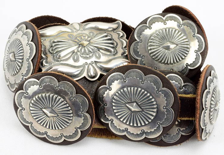 Vintage Sterling Concho Belt W/leather Back D. Tapija