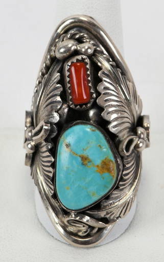 Native American Sterling Ornate Men's Ring W/turquoise