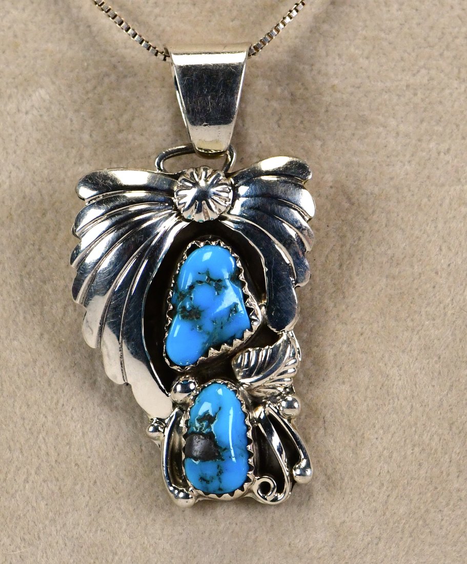 Native American Sterling Silver Feather Pendant W/kingman Turquoise