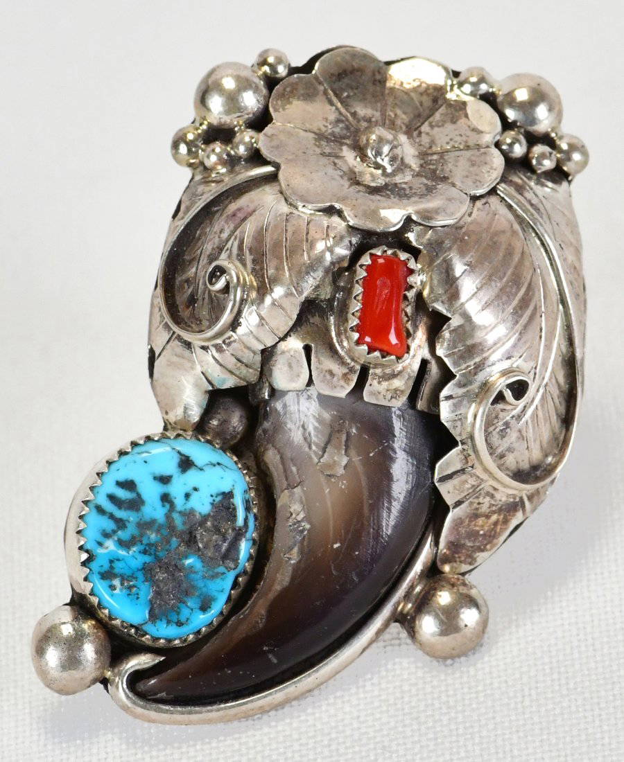Navajo Sterling Bear Claw Men's Ring W/turquoise & Coral Auction