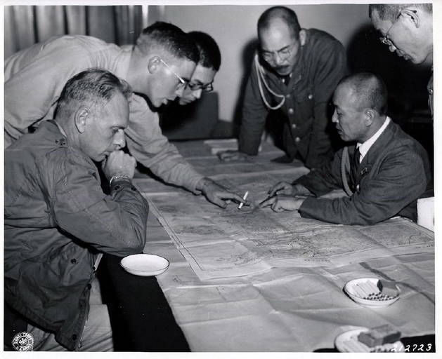 U.s. Capt. Wood & Admiral Yamaguchi. 1945 Fusan, Korea