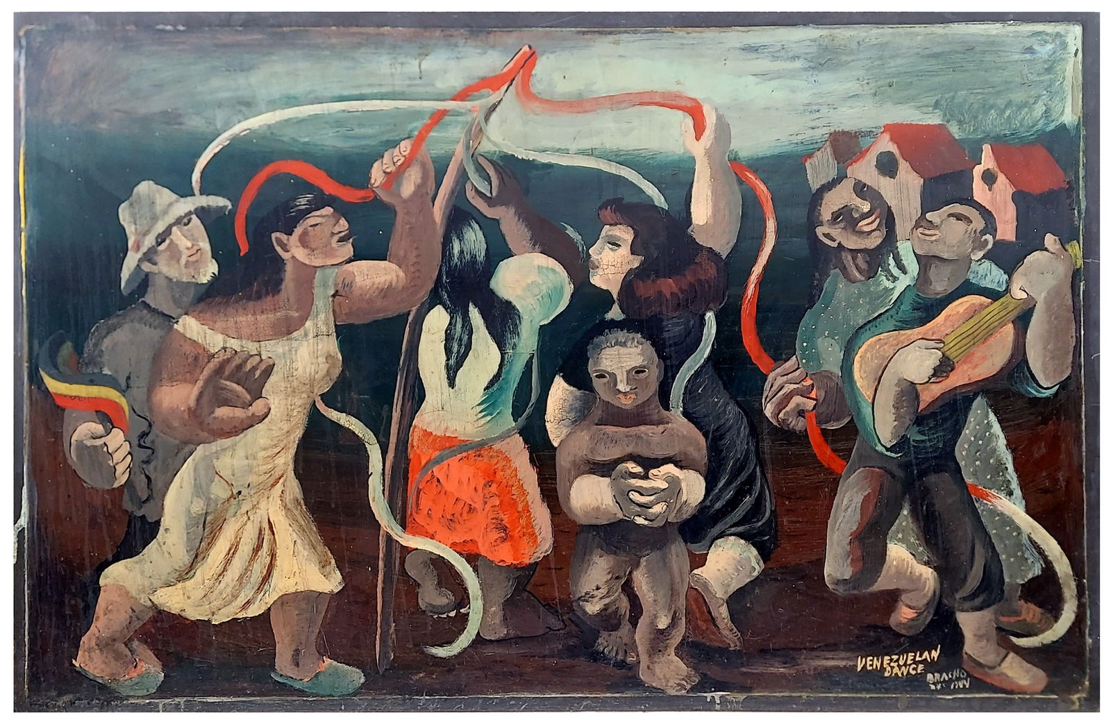 Gabriel Bracho: Venezuelan Dance 1944 Oil On Polished Slate Panel Auction