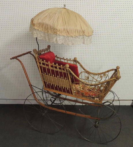 Antique Wicker Buggy Circa 1890's With Umbrella