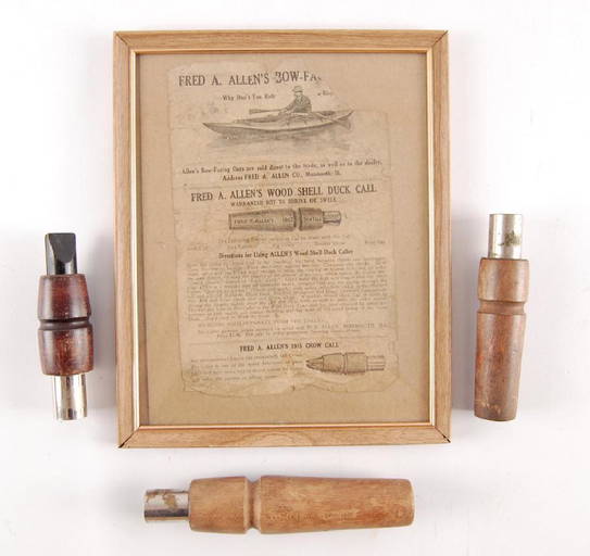 Group Of 3 Antique Fred A. Allen Duck Calls With Framed