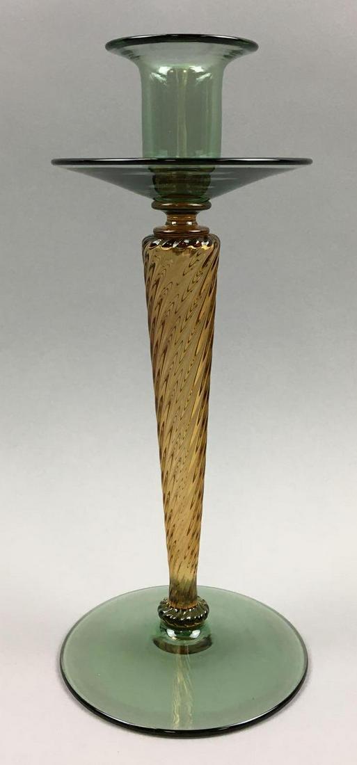 Antique Steuben Green/amber Spiral Ribbed Candlestick