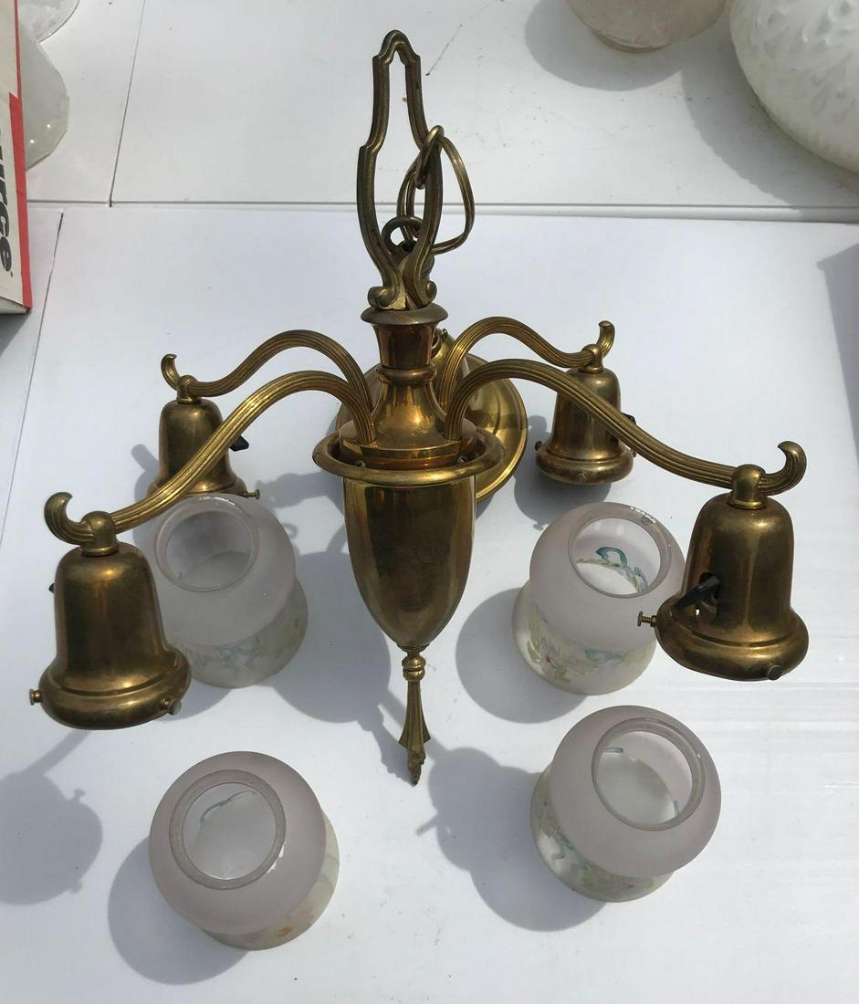 Vintage Brass Hanging Light Fixture W/ 4 Hand Painted
