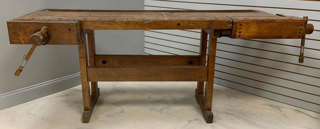 Antique Wood Workbench With 2 Vices