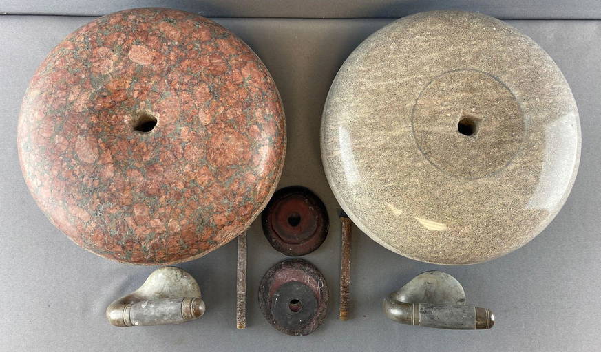 Group Of 2 Vintage Curling Stones With Handles And