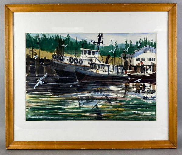 R. D. Deines Boat Dock Framed Watercolor Painting