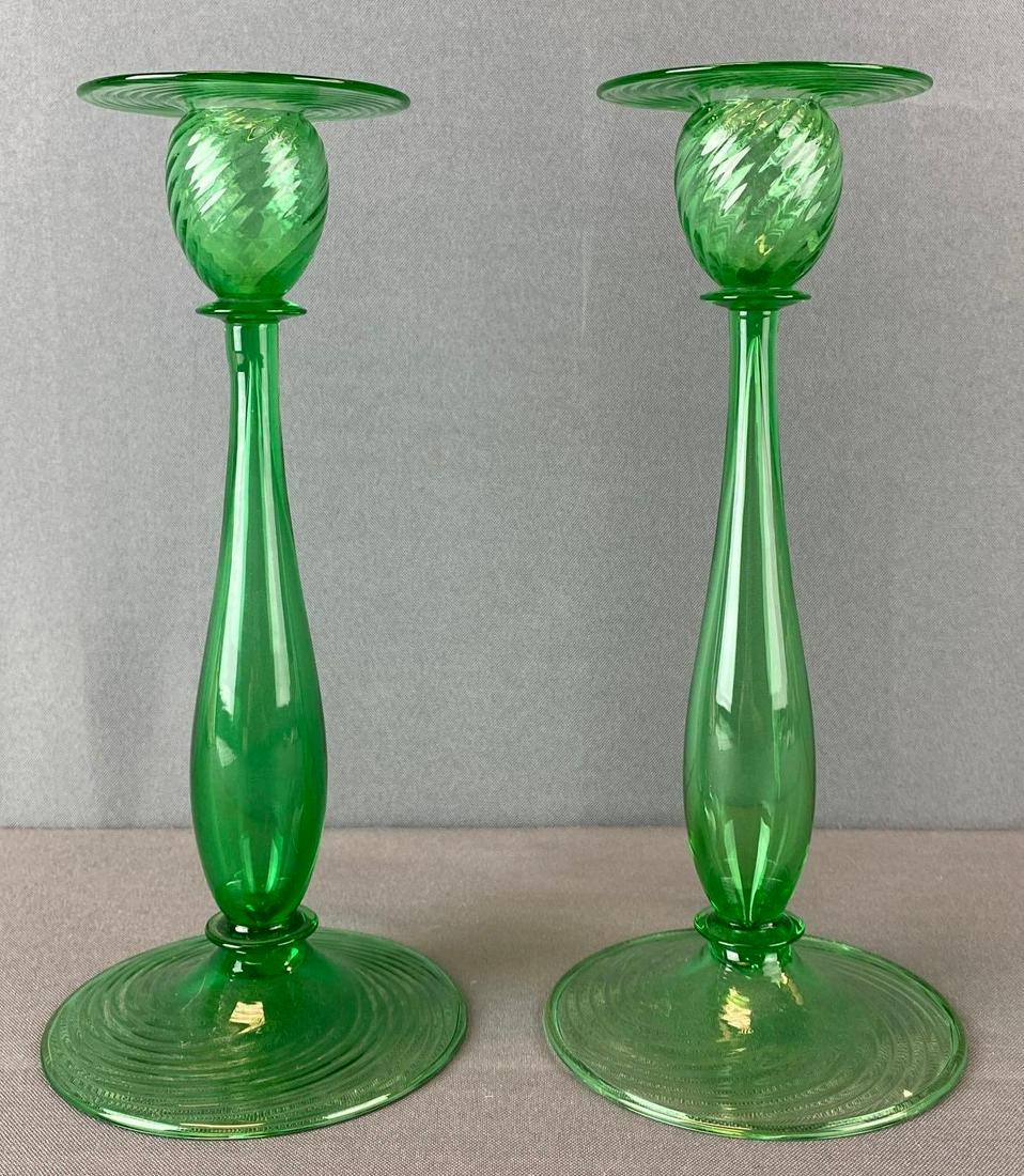 Antique Steuben Pair Of Green Glass Candlesticks