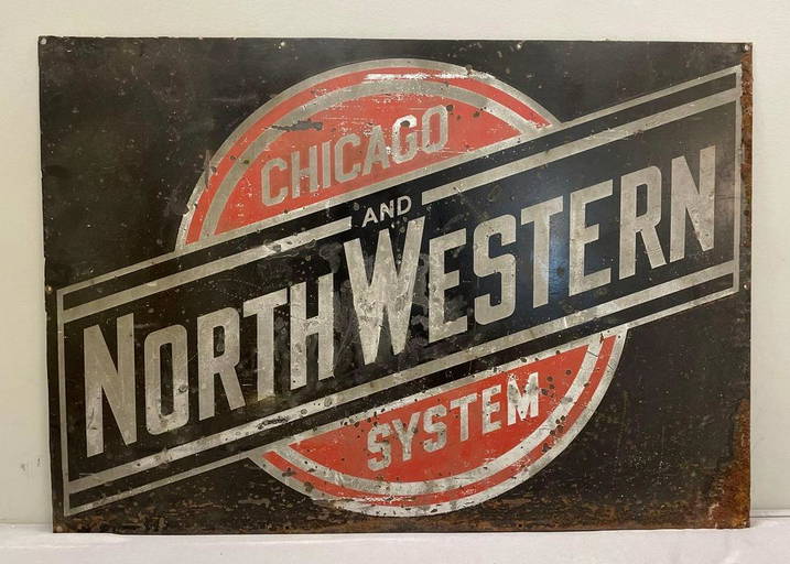 Vintage Chicago And Northwestern System Steel Railroad Sign