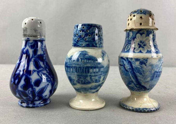 Group Of 3 Flow Blue Salt And Pepper Shakers