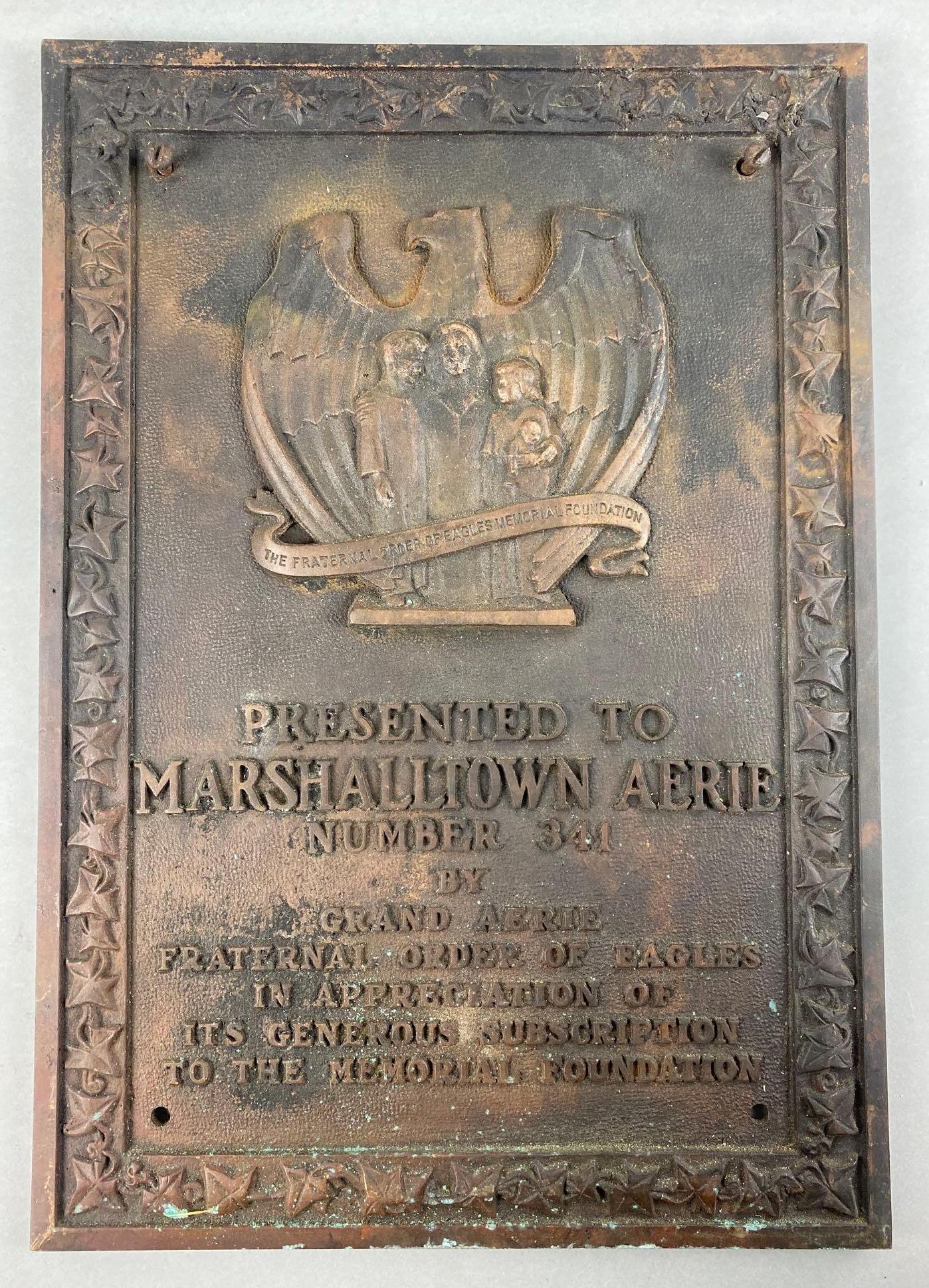 The Fraternal Order Of Eagles Bronze Appreciation Plaque