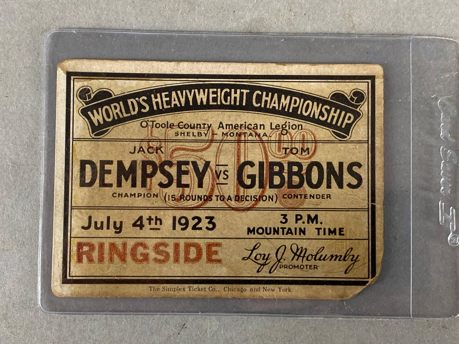 1923 Jack Dempsey vs Tom Gibbons Ringside Boxing Ticket (#0423) on Apr ...