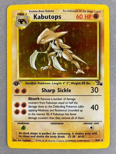 1999 Pokemon 9/62 Holo Fossil Kabutops Card
