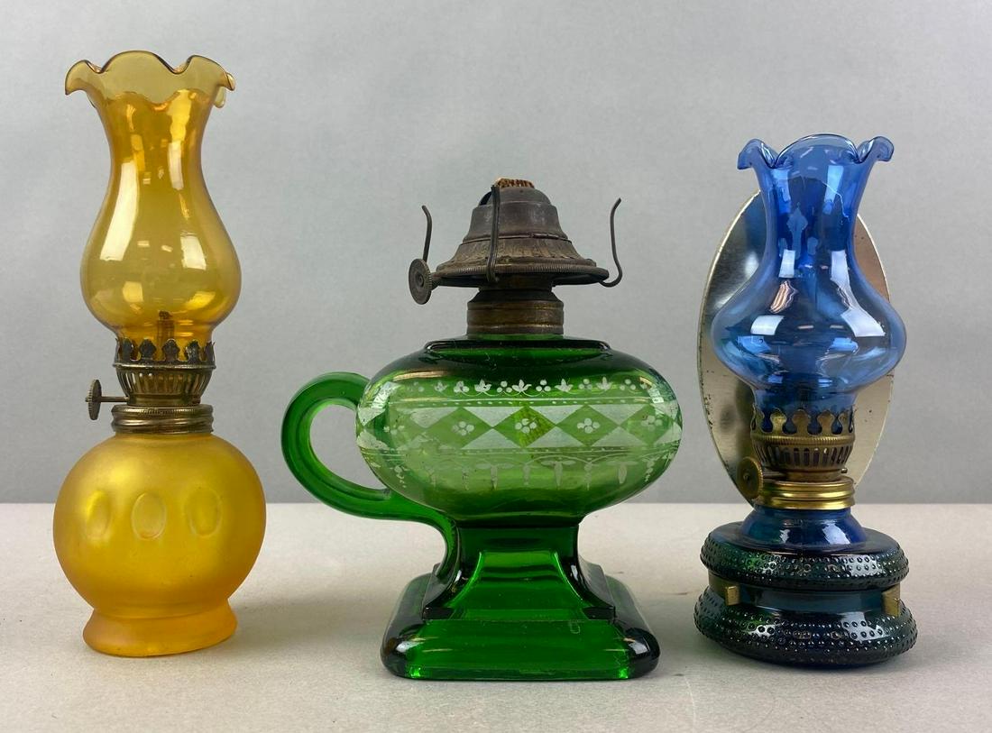 Group Of 3 Colored Glass Oil Lamps