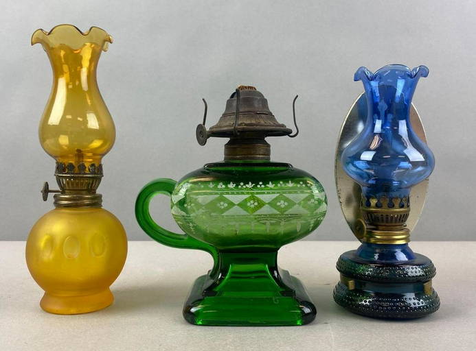 Group Of 3 Colored Glass Oil Lamps