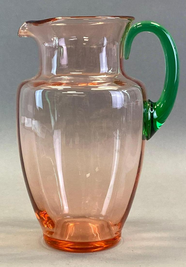 Steuben Pink Glass Pitcher With Applied Green Handle Auction
