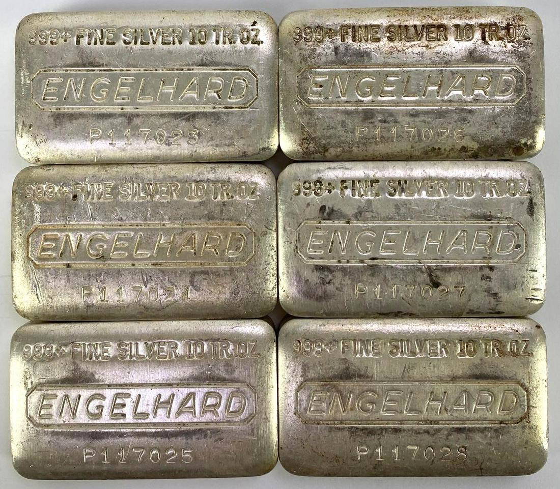 Rare 6 Consecutive Serial Numbered Engelhard 10 Oz .999 Fine Silver ...