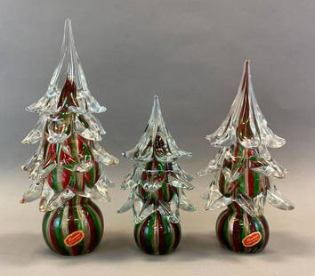 Group Of 3 Murano Italy Green And Red Striped Glass Trees