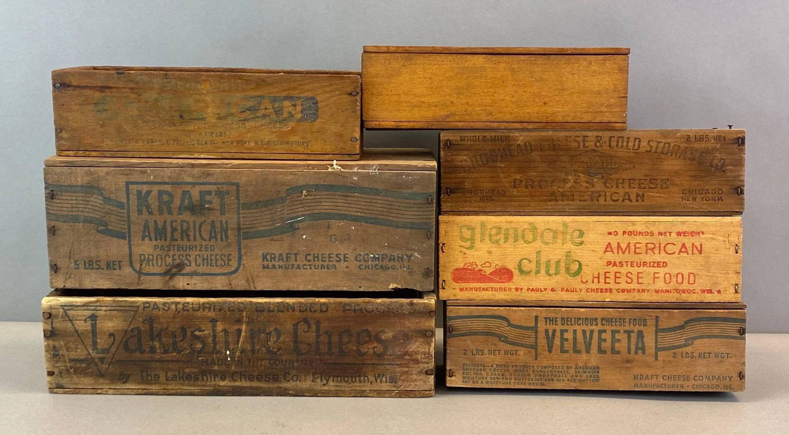 Group Of 7 Wood Advertising Cheese Crates Auction