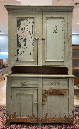 Antique Painted Wood Hutch With Glass Doors