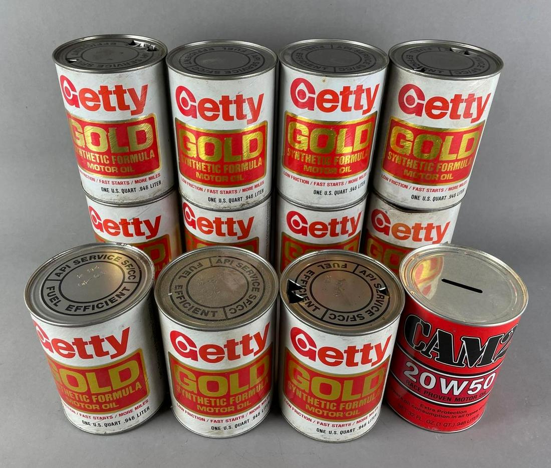 Group Of 12 Vintage Getty Gold Motor Oil Advertising Cans Auction