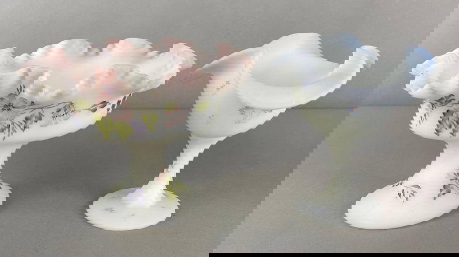 Group Of 2 Fenton Floral White Satin Glass Compotes