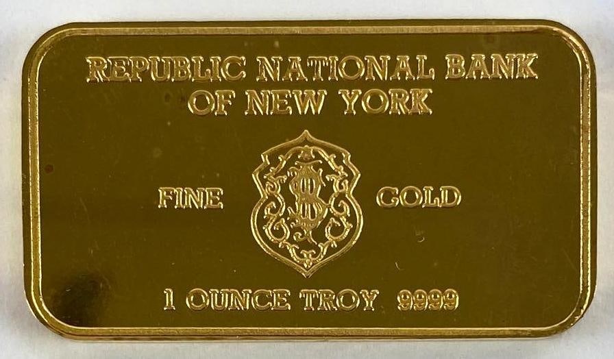 Republic National Bank Of New York Johnson Matthey Horizontal 1oz. 9999 Fine Gold Ingot / Bar ...