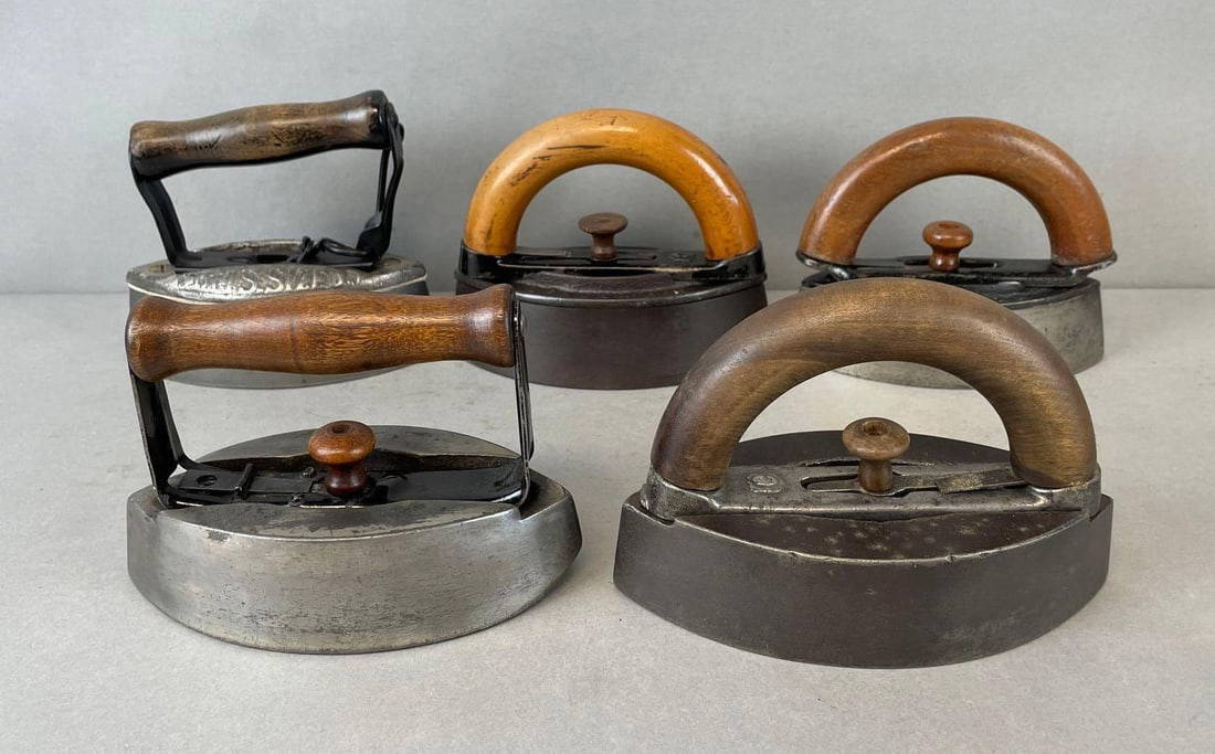 Group Of 5 Antique Sad Irons With Handles Auction