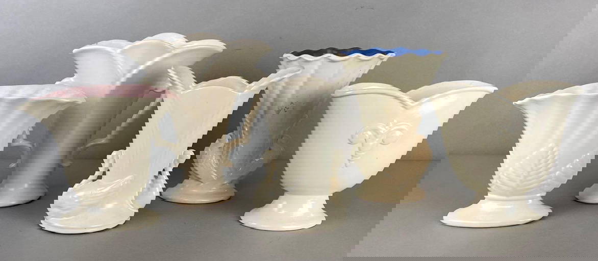 Group Of 5 Rum Rill And Red Wing Matte Ivory Pottery Vases