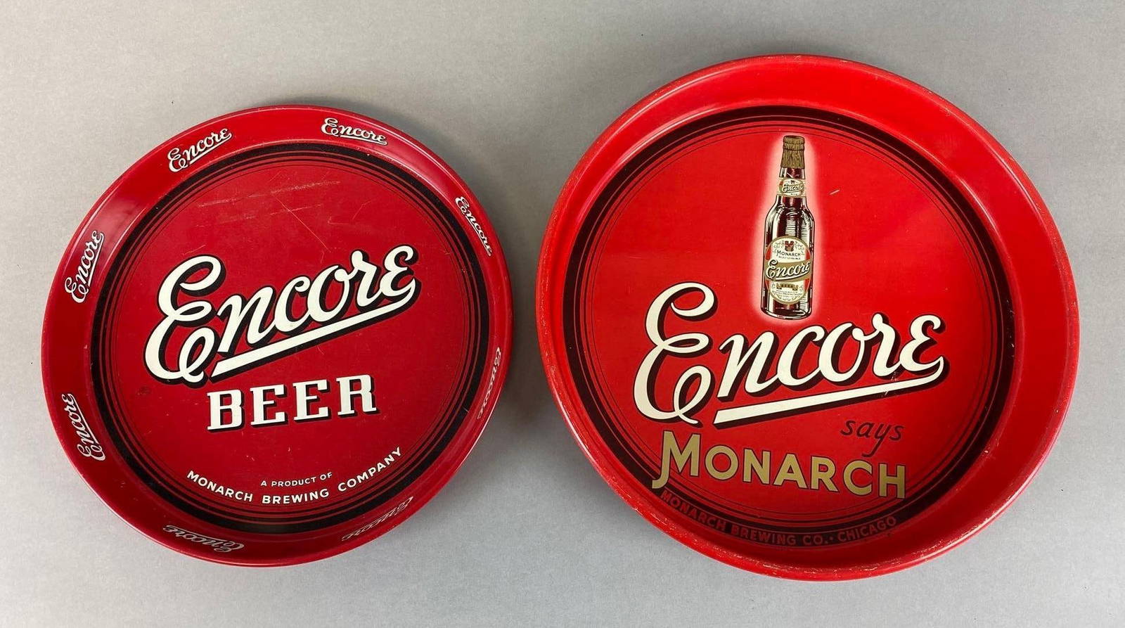 Group Of 2 Monarch Encore Beer Advertising Metal Trays Auction