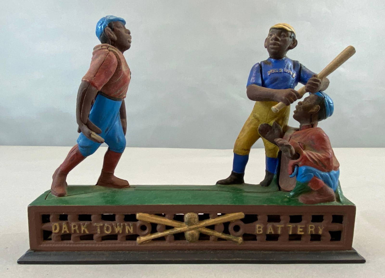 Repainted Hometown Battery Baseball Iron Cast Mechanical Coin Bank Auction