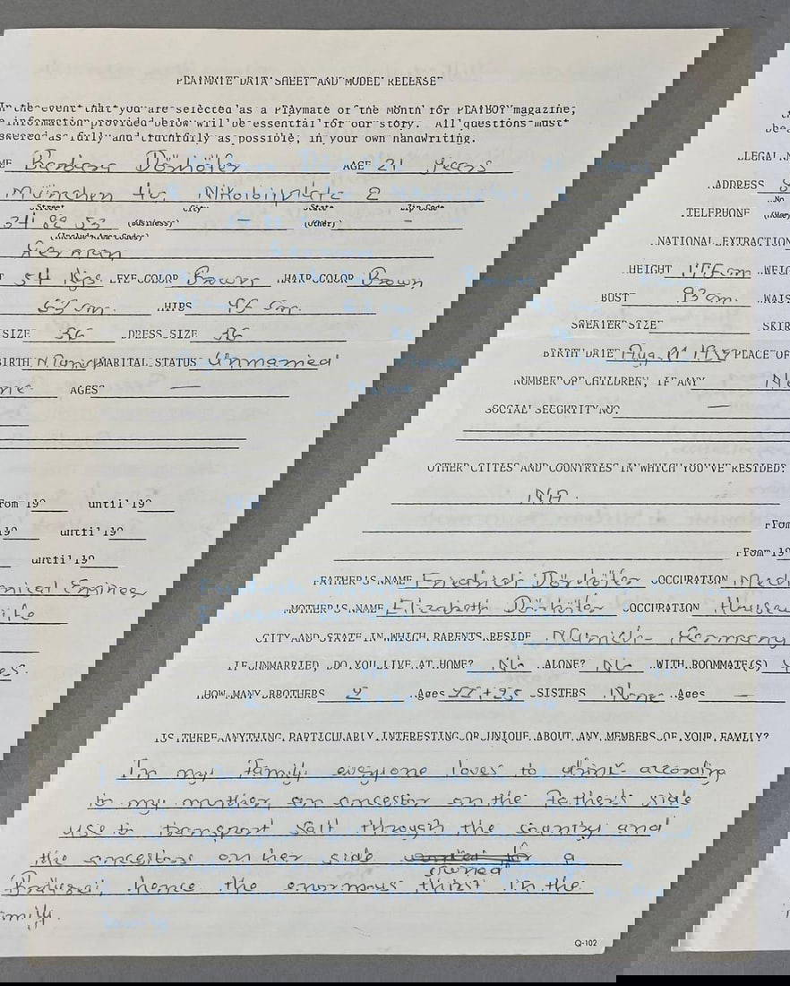 1974 Playboy Data Sheet And Model Release Auction