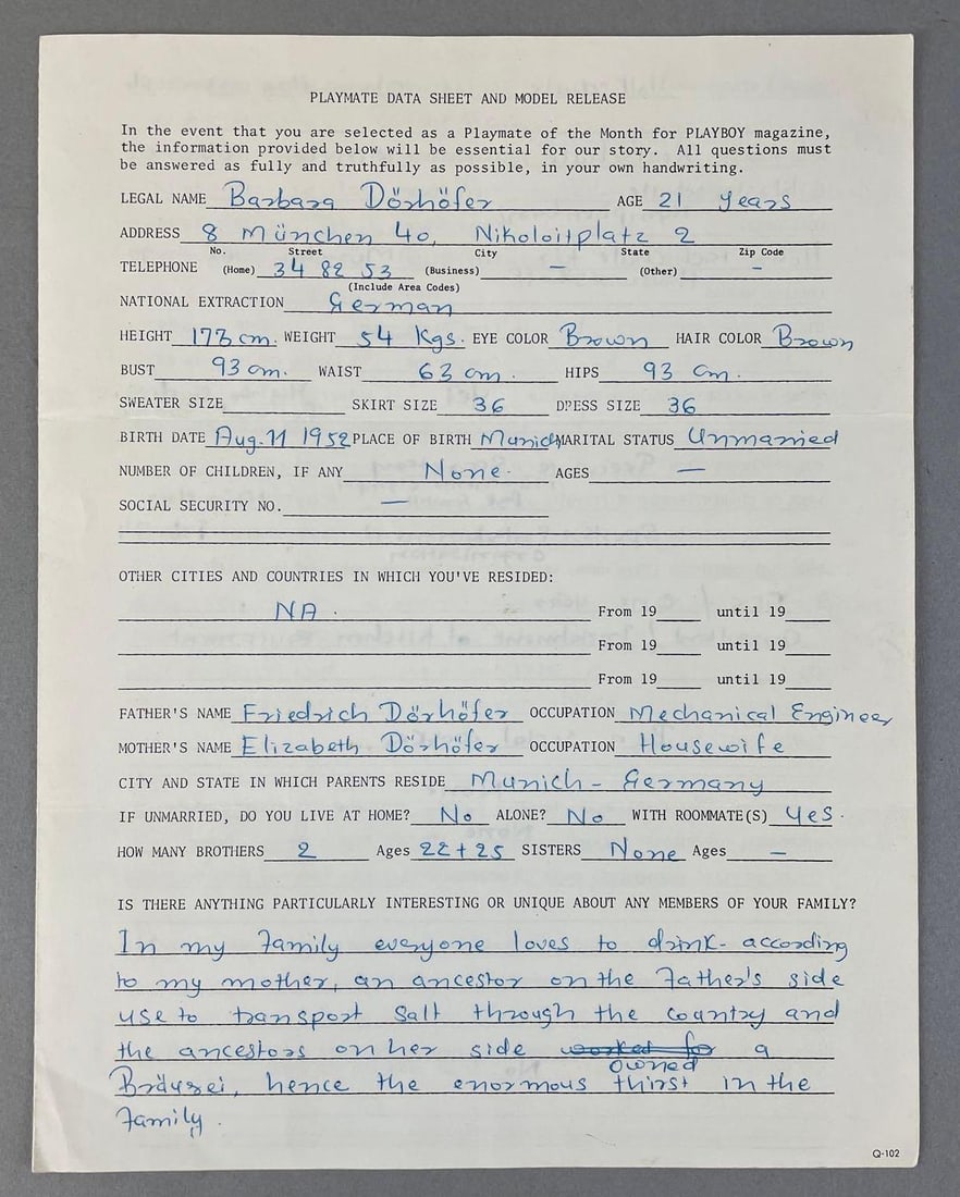 1974 Playboy Data Sheet And Model Release Auction