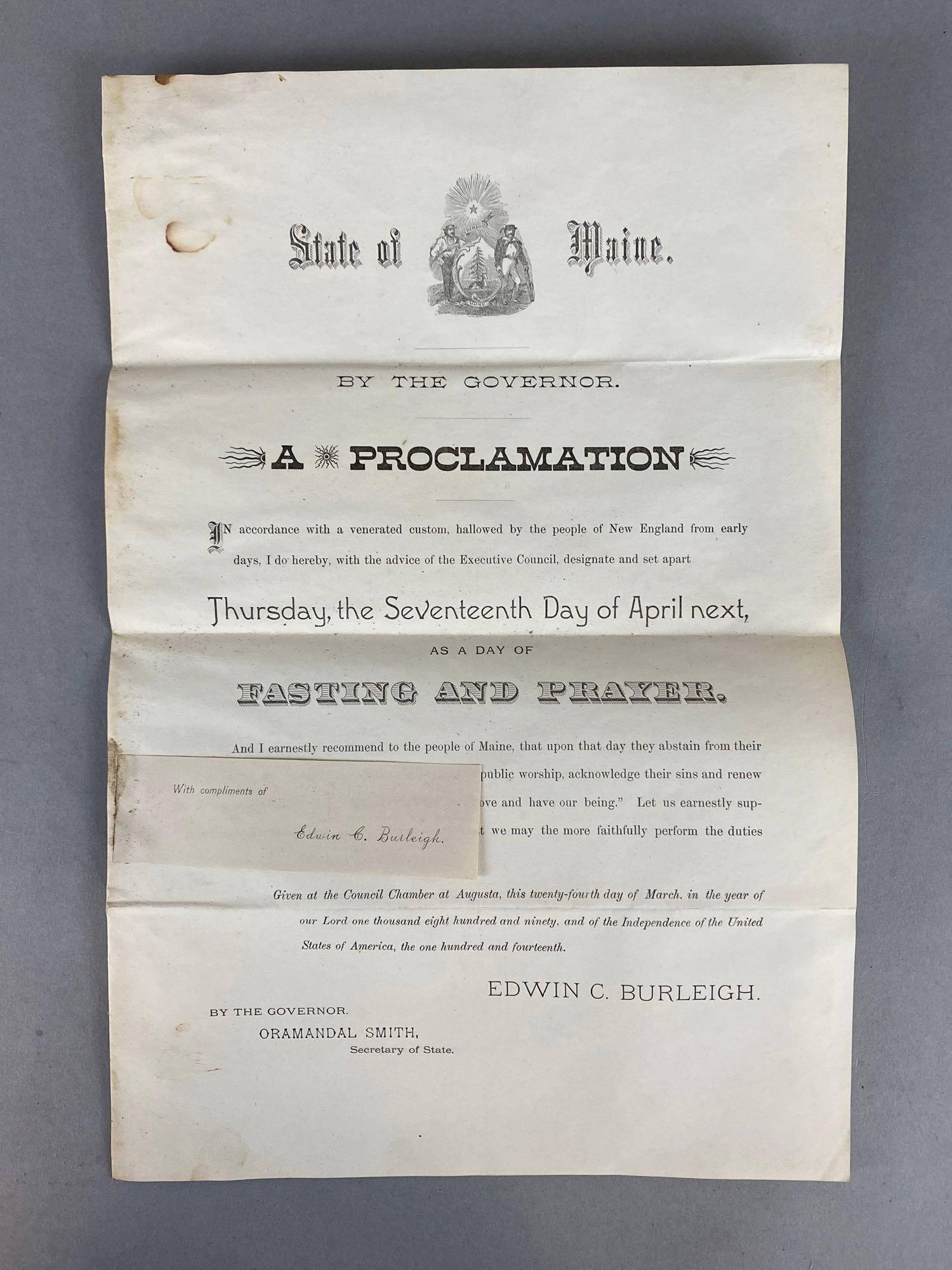 1890 State Of Maine Day Of Fasting And Prayer Proclamation Auction