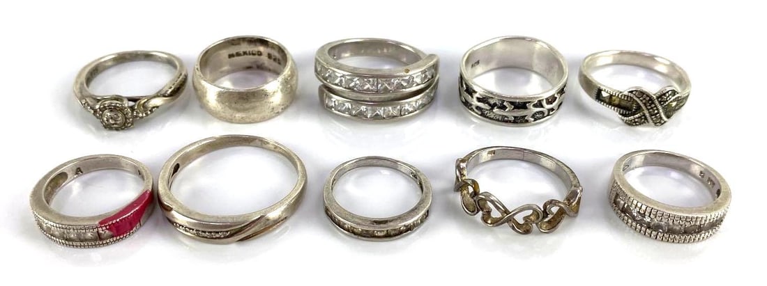 Group Of 10 Sterling Silver Rings Auction